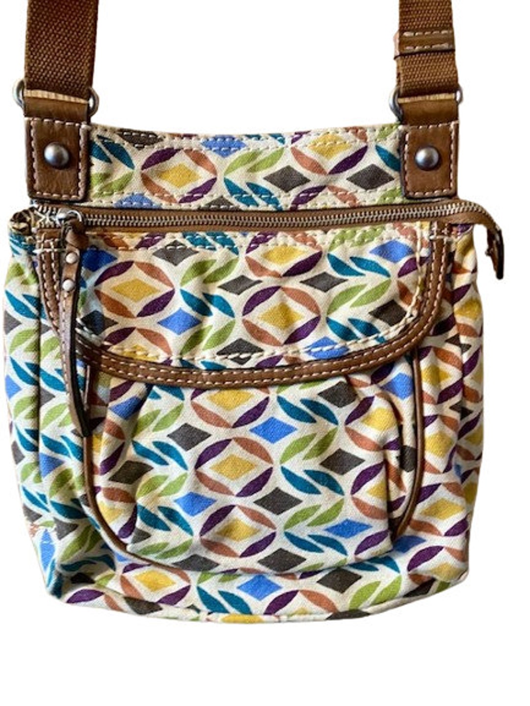 Fossil Canvas Crossbody Shoulder Bag Organizer Geometric Print Leather ...
