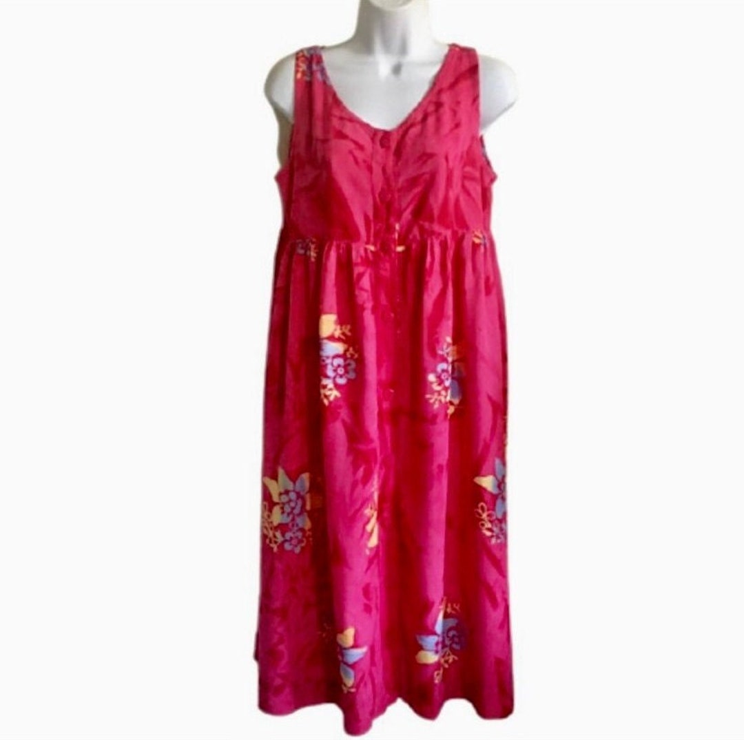 Mango Moon Midi Dress Mumu Hot Pink Rayon Batik Print Hawaiian ...