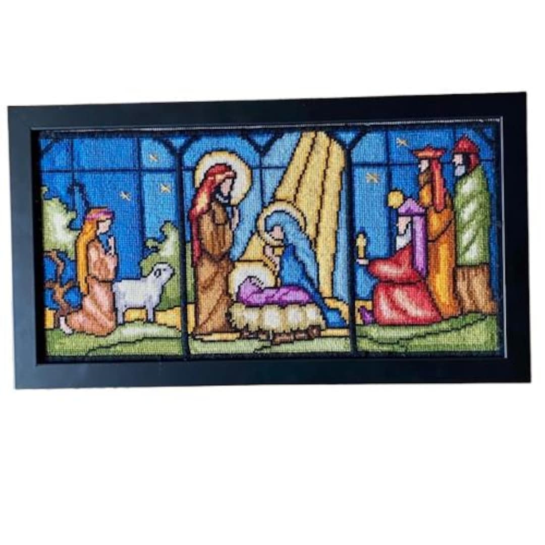 Framed Needlepoint Nativity Scene Colorful Stained-glass Style Vintage ...