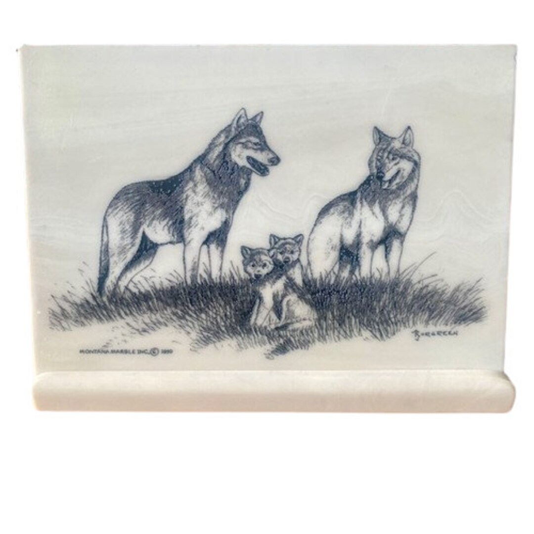Montana Marble Wolf Family 2 Cubs Yellowstone Borgreen Etched Marble ...