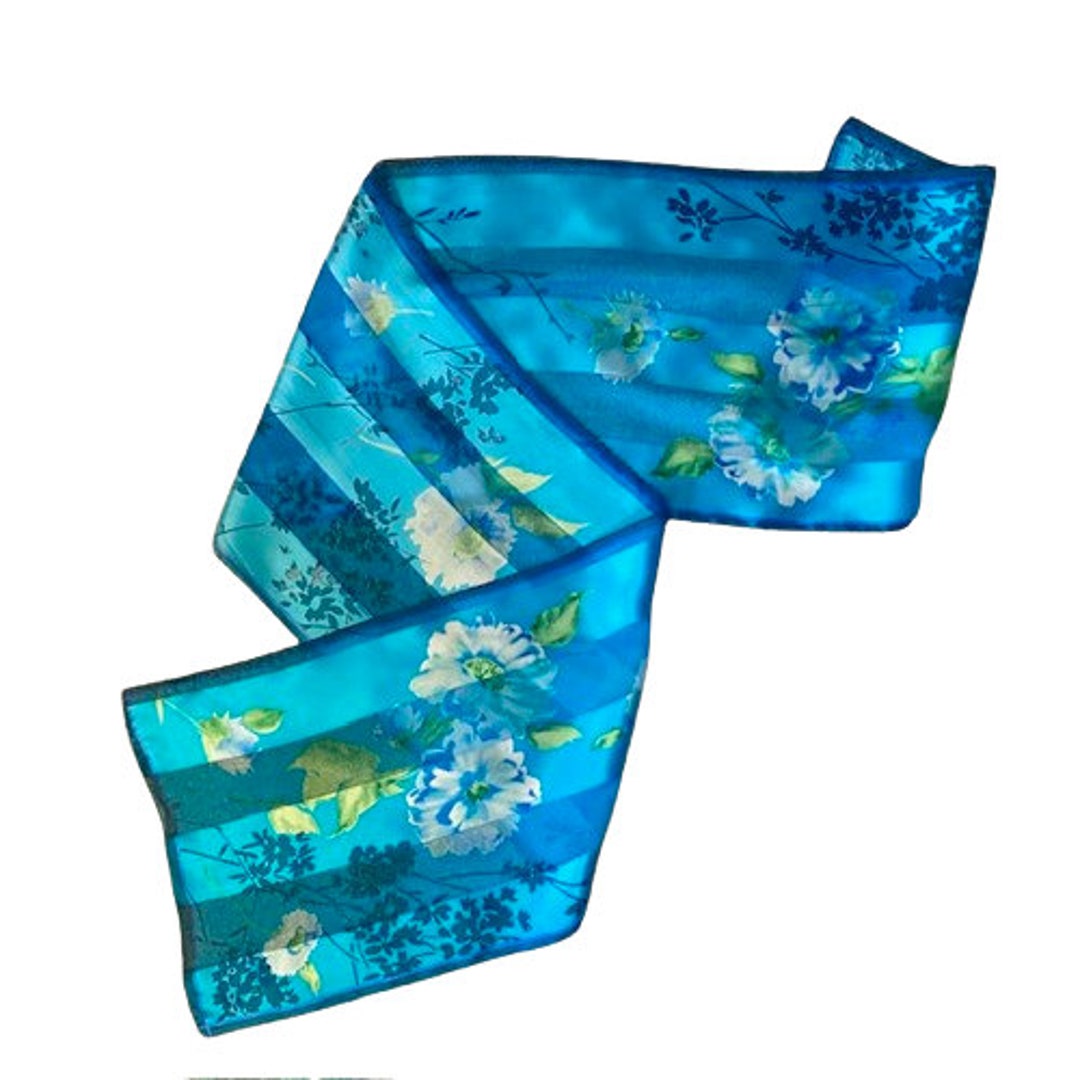 Jones New York Silk Scarf Shades of Blue Stripes Floral Oblong Vintage ...
