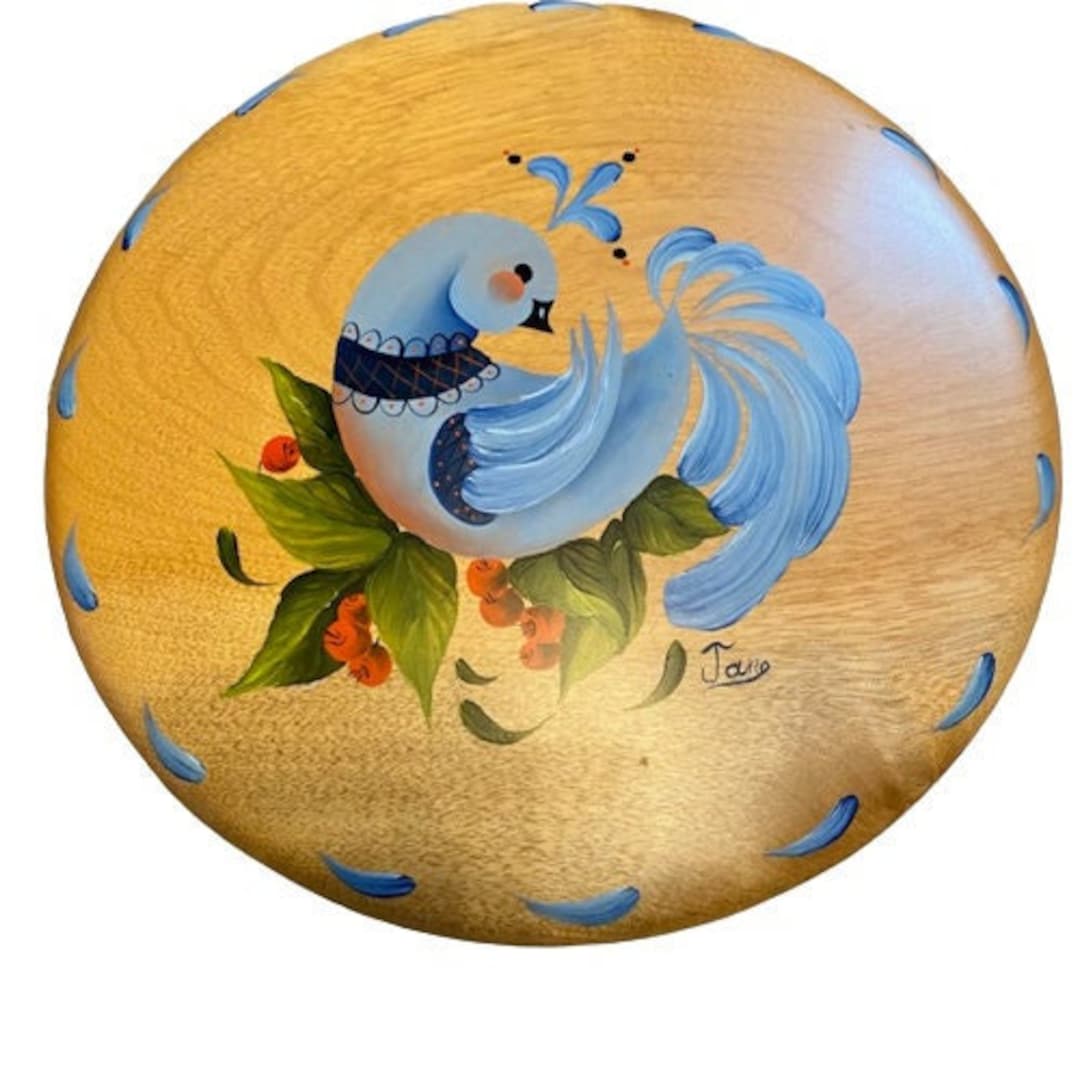 Myrtlewood Plaque Hand Painted Signed Blue Bird Gallery Wall Decor Folk ...