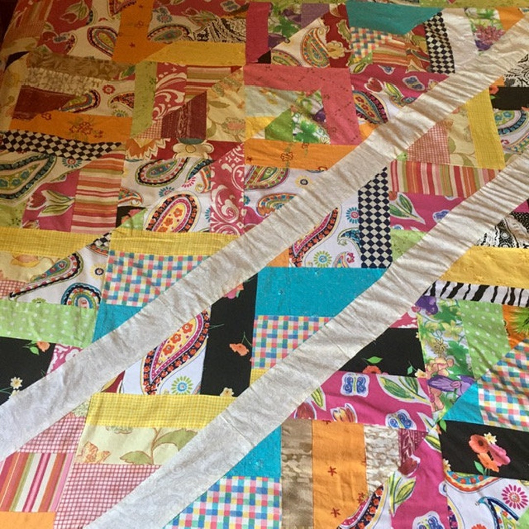 Colorful Handmade Patchwork Quilt Bedspread Vintage Fabrics 90 X 80" - Etsy