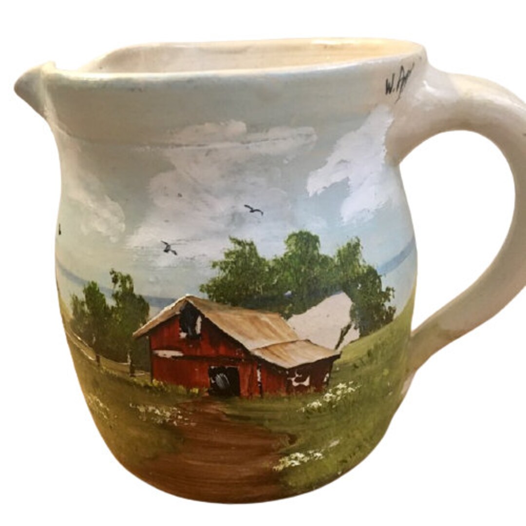 Ceramic Milk Pitcher Hand Painted Farm Barn Scene Signed Art Pottery ...