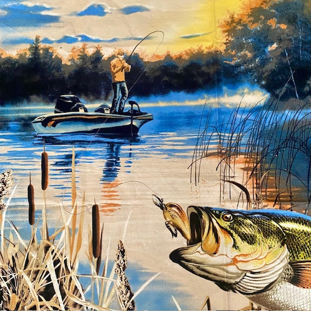 Realtree Bass Darroll Bush Fishing Scenic Fabric Panel Cotton 35" X 45 ...