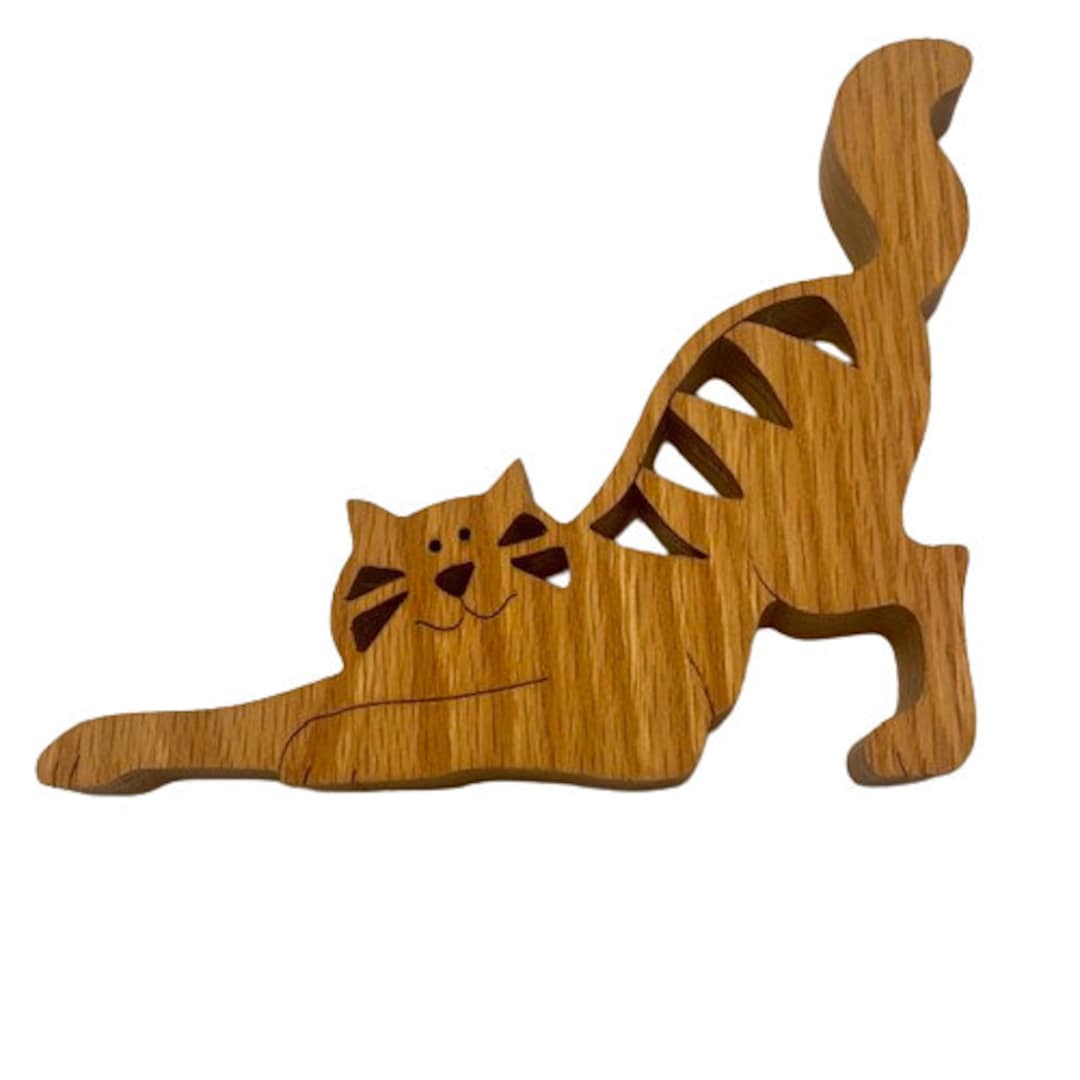 Cat Figurine Wooden Cut Out Details Kitty Stretching Handmade - Etsy