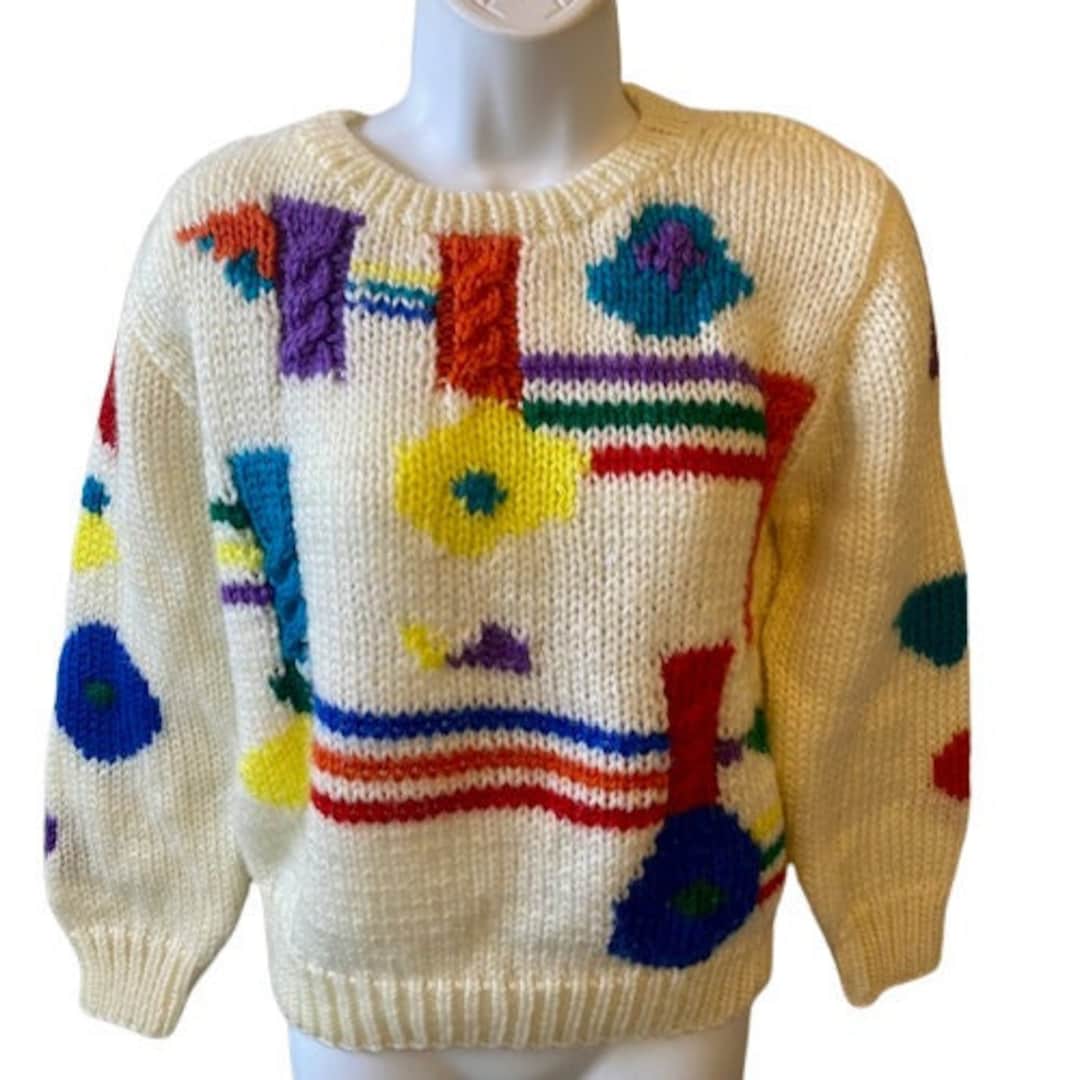 Hand Knit Sweater One of a Kind Crew Neck Pullover Vintage 80s Cream ...