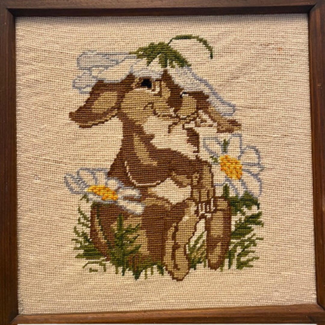 Framed Needlepoint Bunny Rabbit With Daisies Vintage 1970s Gallery Wall ...