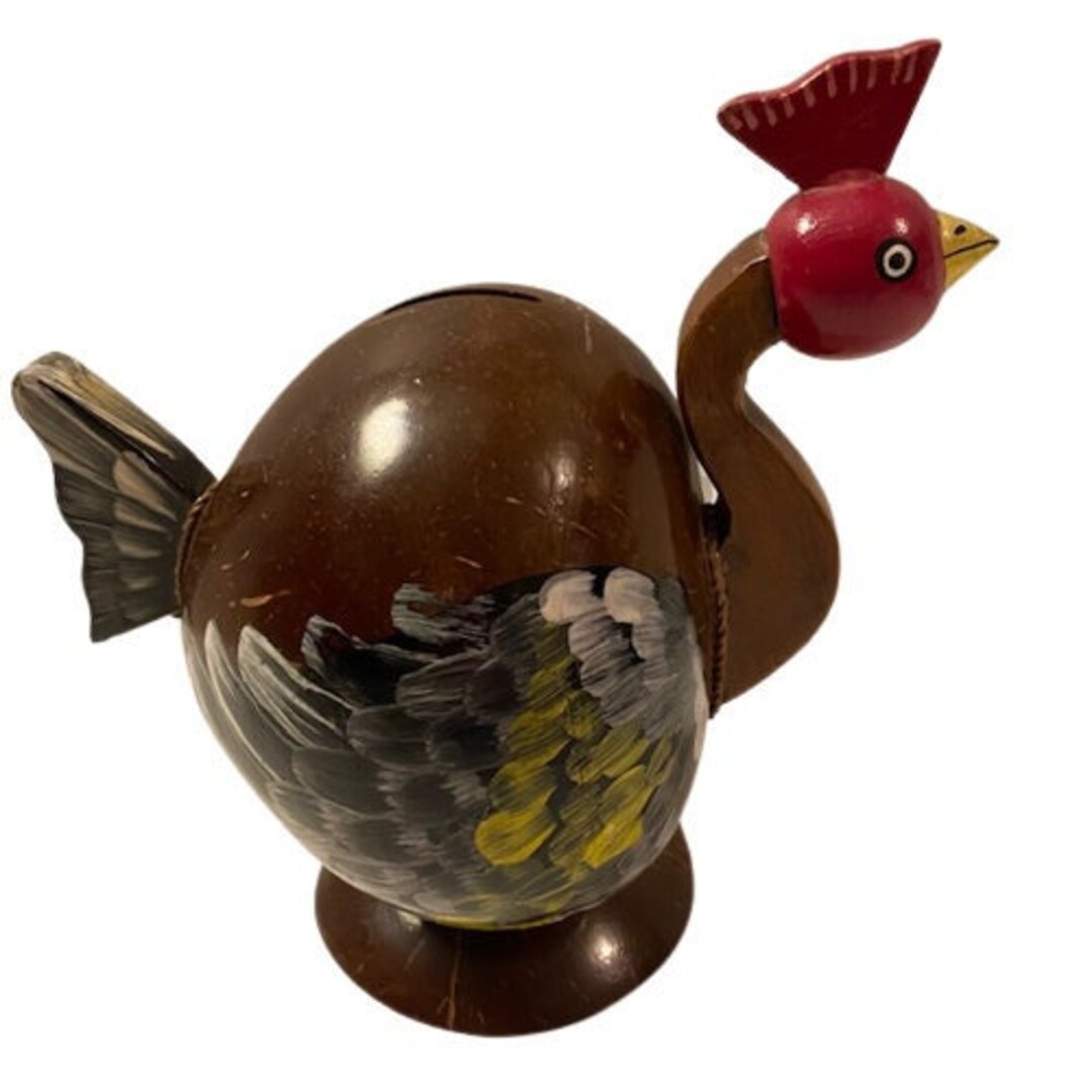 Coconut Shell Chicken Bank Figurine Handmade Vintage Hand Painted Tiki ...