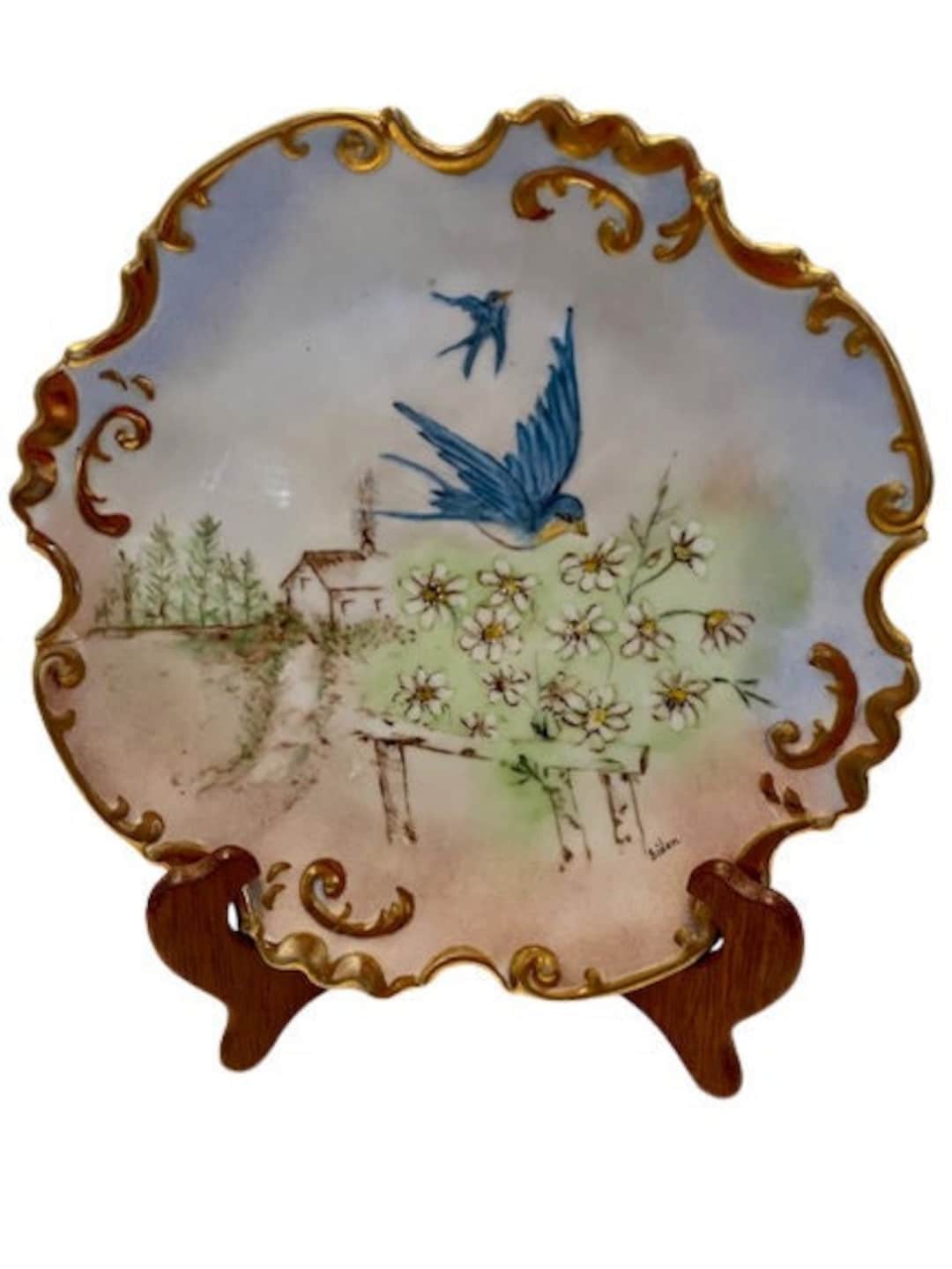Hand Painted China Plate Blue Swallows Birds Daisies Farmhouse Signed ...