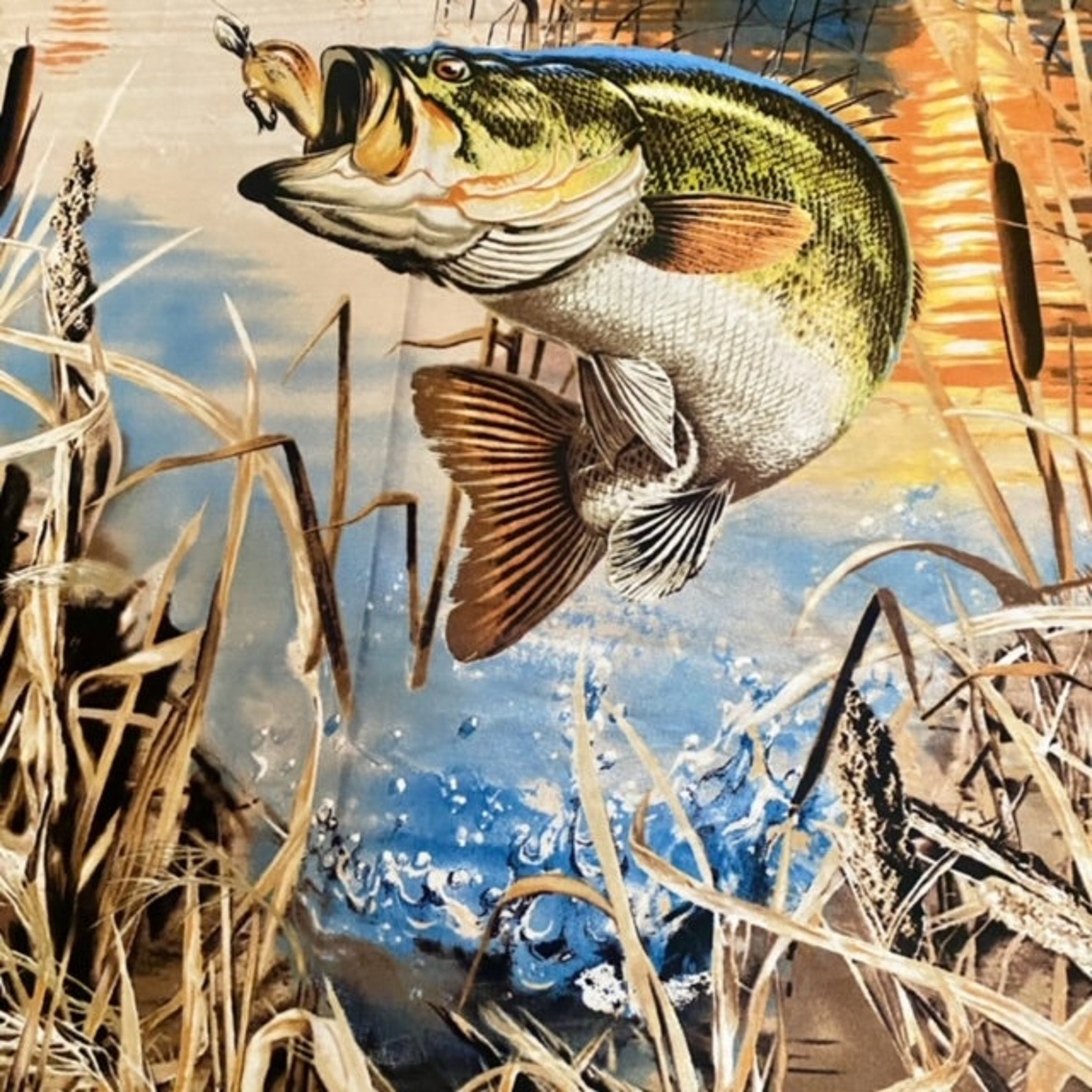 Realtree Bass Darroll Bush Fishing Scenic Fabric Panel Cotton 35" X 45 ...