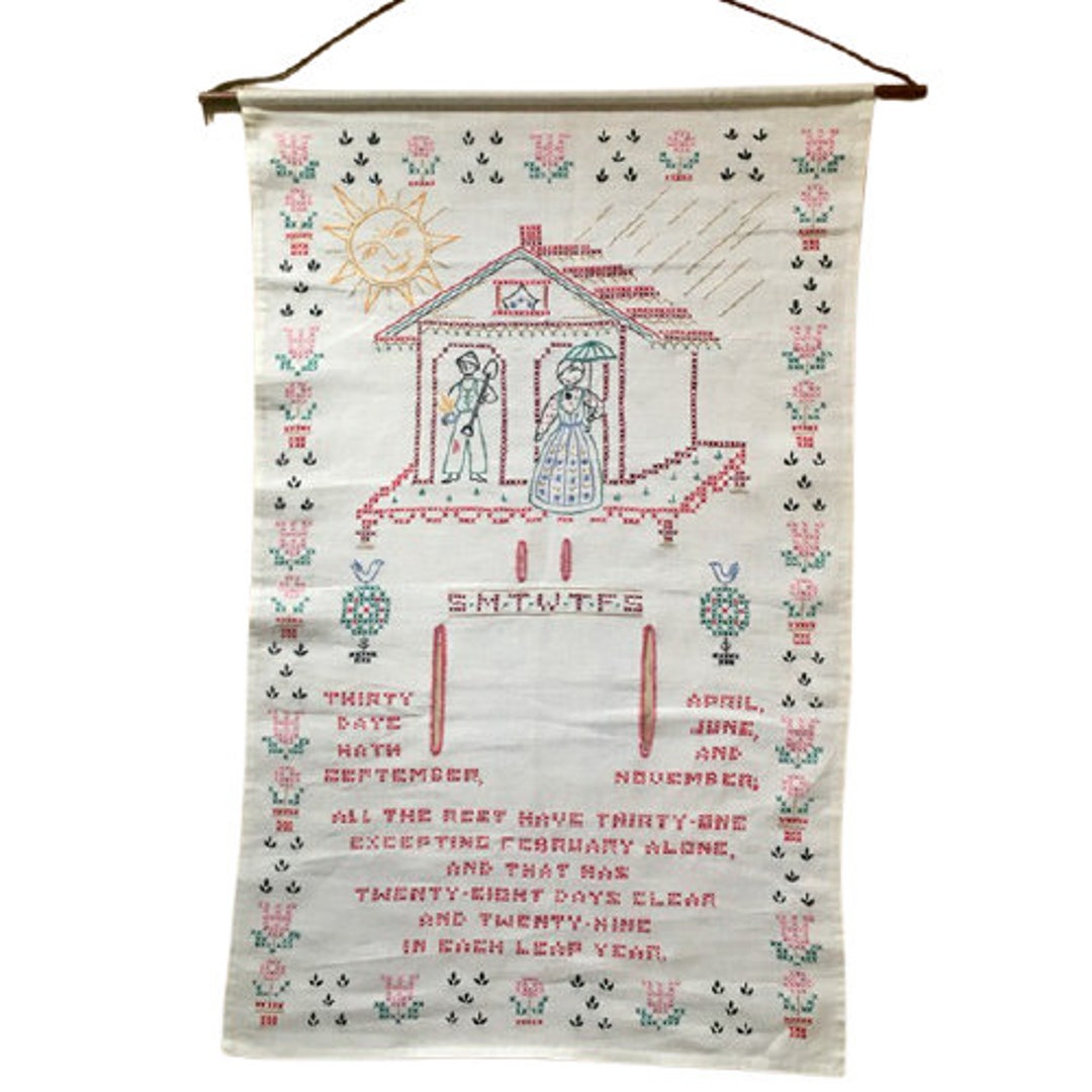 Vintage Hanging Calendar Decor Linen Hand Embroidered Colorful ...
