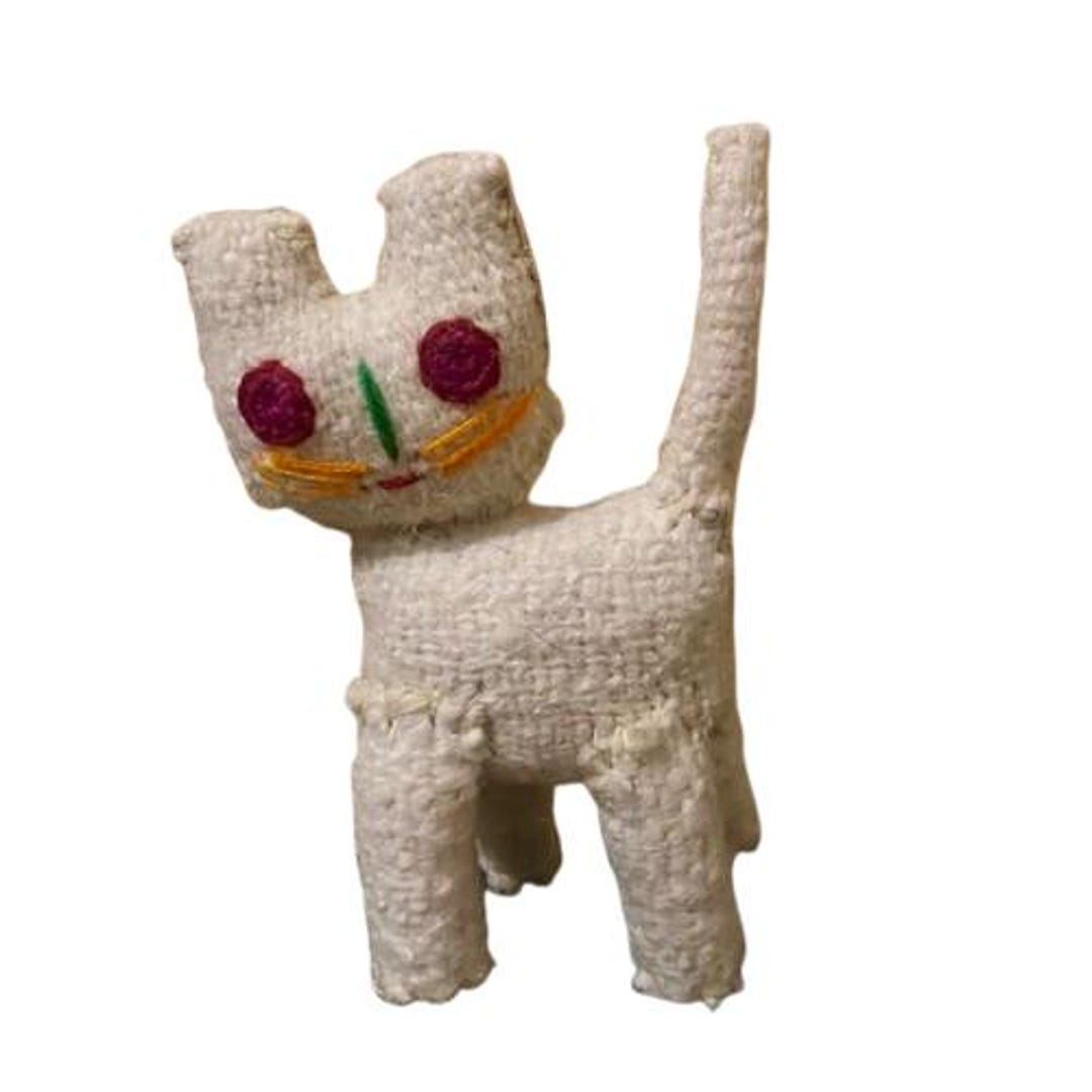 Mexican Folk Art Kitty Cat White Nubby Fabric Embroidered Face Handmade ...