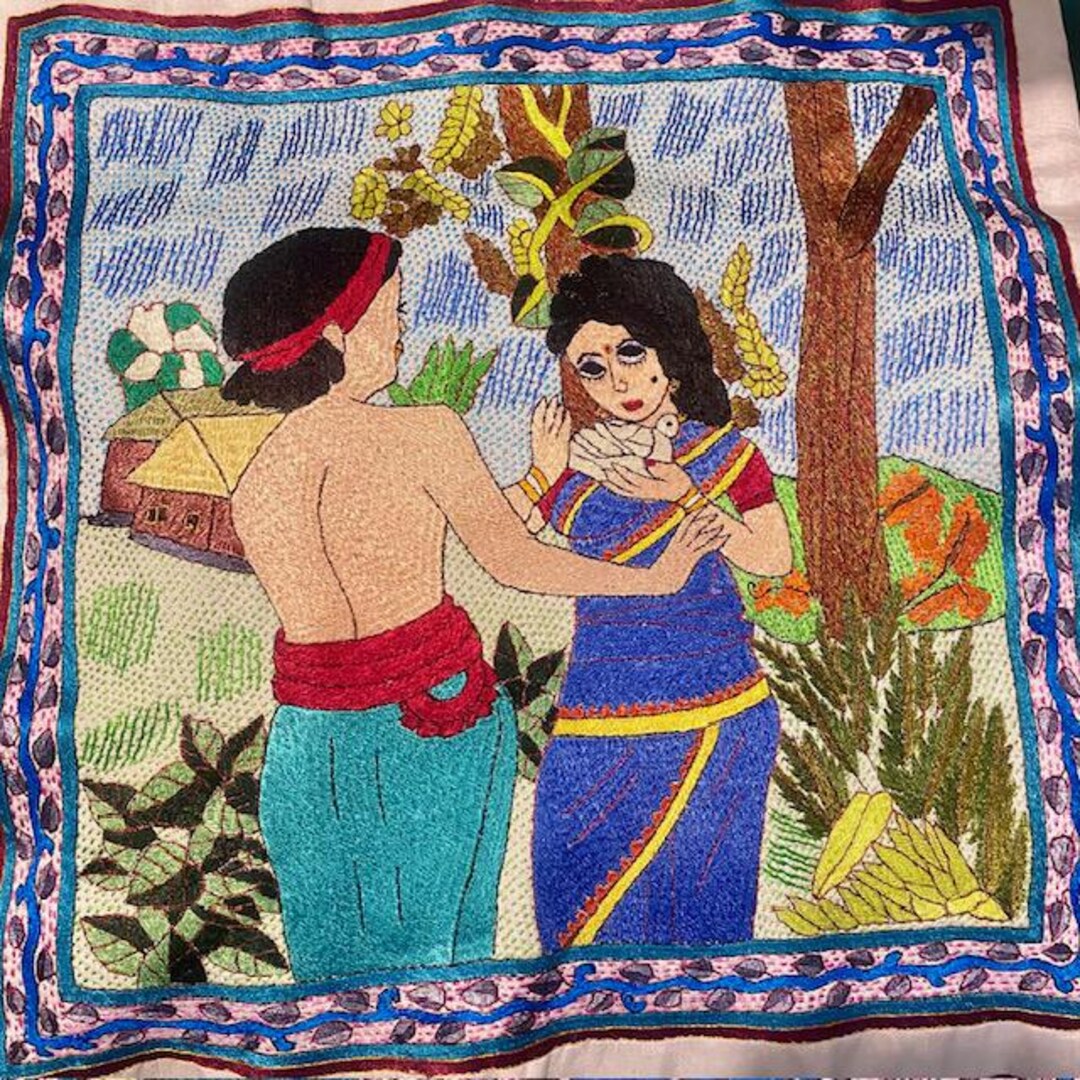 Kantha Art Hand Embroidered Silk Bangladesh Ready to Frame Wall Decor ...