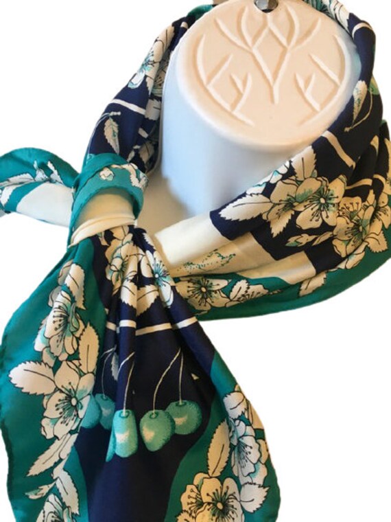 Scarf Mid Mod Vintage Navy Turquoise White Floral Che… - Gem