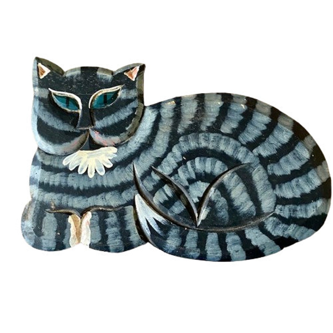Wooden Tabby Cat Wall Plaque Gray Striped Kitty Handmade Hand Painted ...
