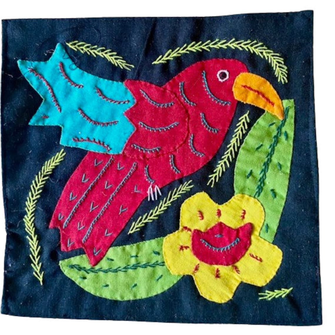 Mola Toucan Flowers Applique Embroidery Piece Red Bird Traditional Kuna ...