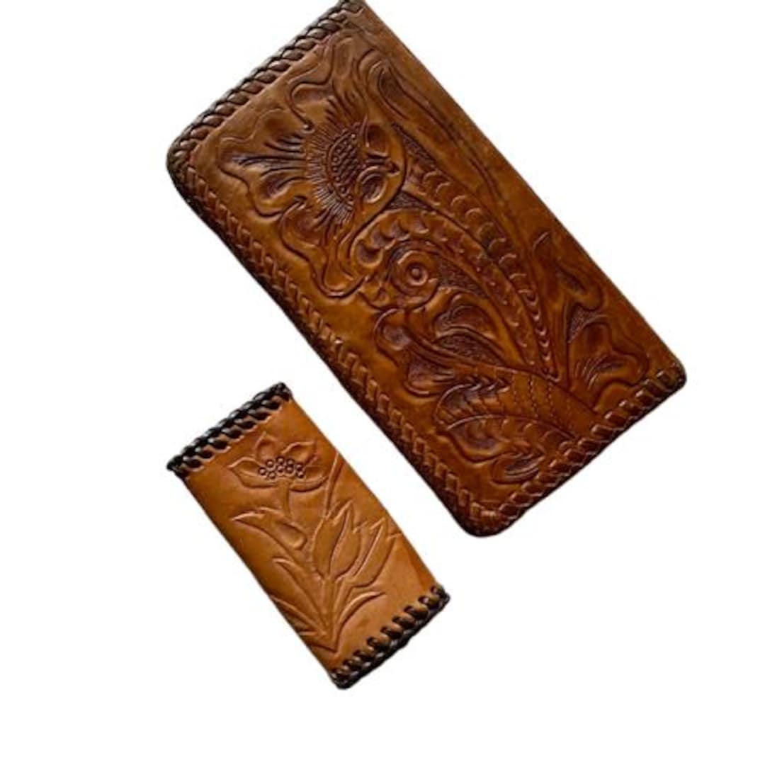 Leather Checkbook Cover and Key Fob Hand Tooled Floral Western Designs ...