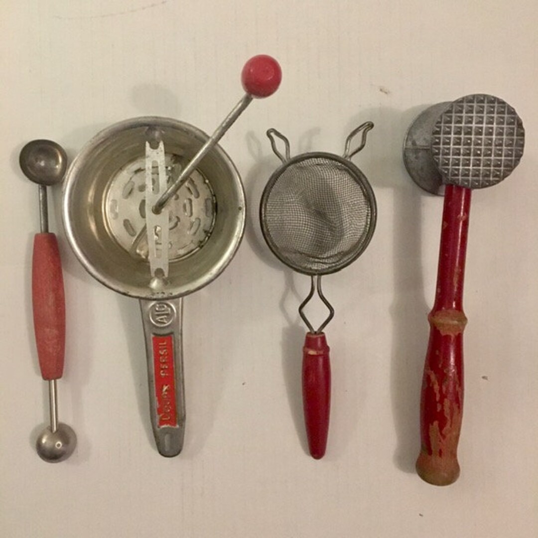 Four Vintage Kitchen Tools Red Wooden Handles Use or Decor - Etsy