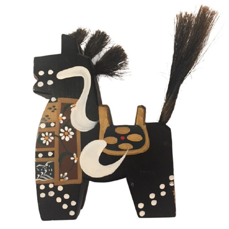 Horse Yawata-uma Horse Wooden Figurine Japan Black Hand Painted Hand ...