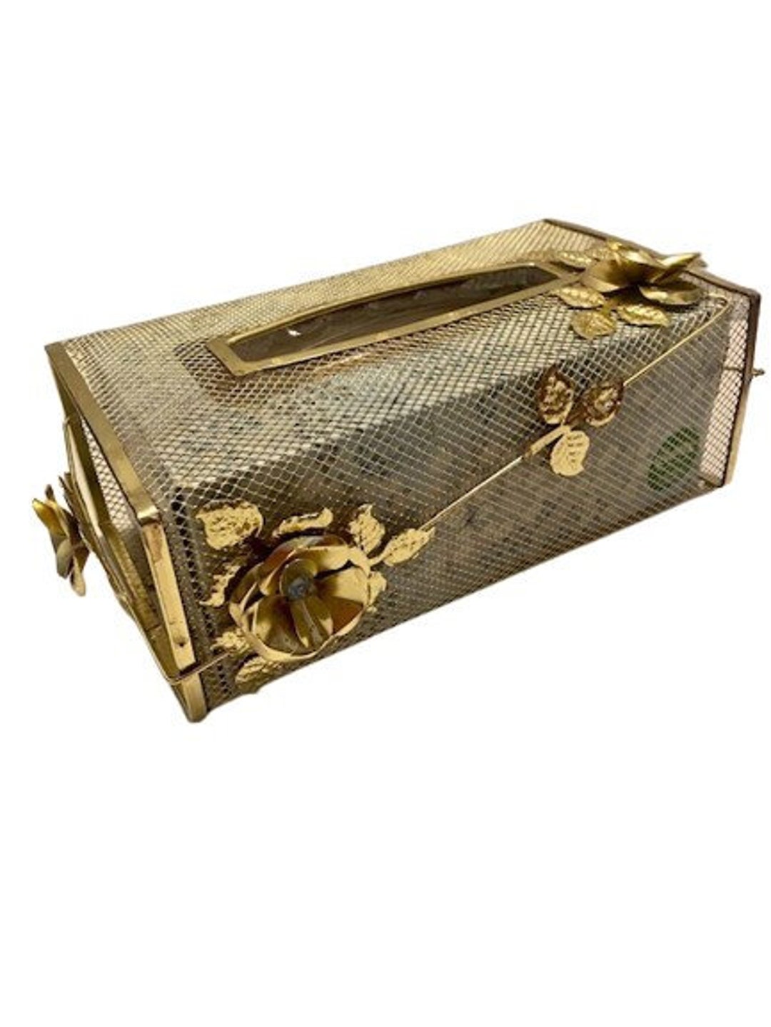 Tissue Box Cover Gold Tone Mesh Glam Roses Rhinestones Tissue Box ...