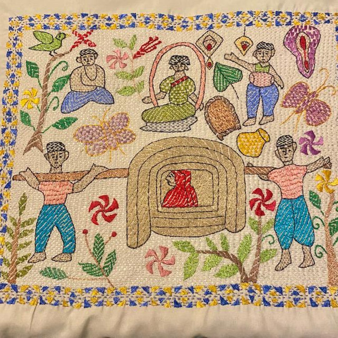 Kantha Art Hand Embroidered Silk Village Scene Bangladesh Ready to ...