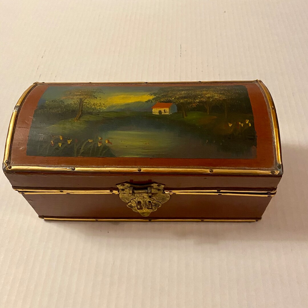 Jewelry Trinket Box Wood Hand Painted Domed Hinged Lid Metal Trim ...