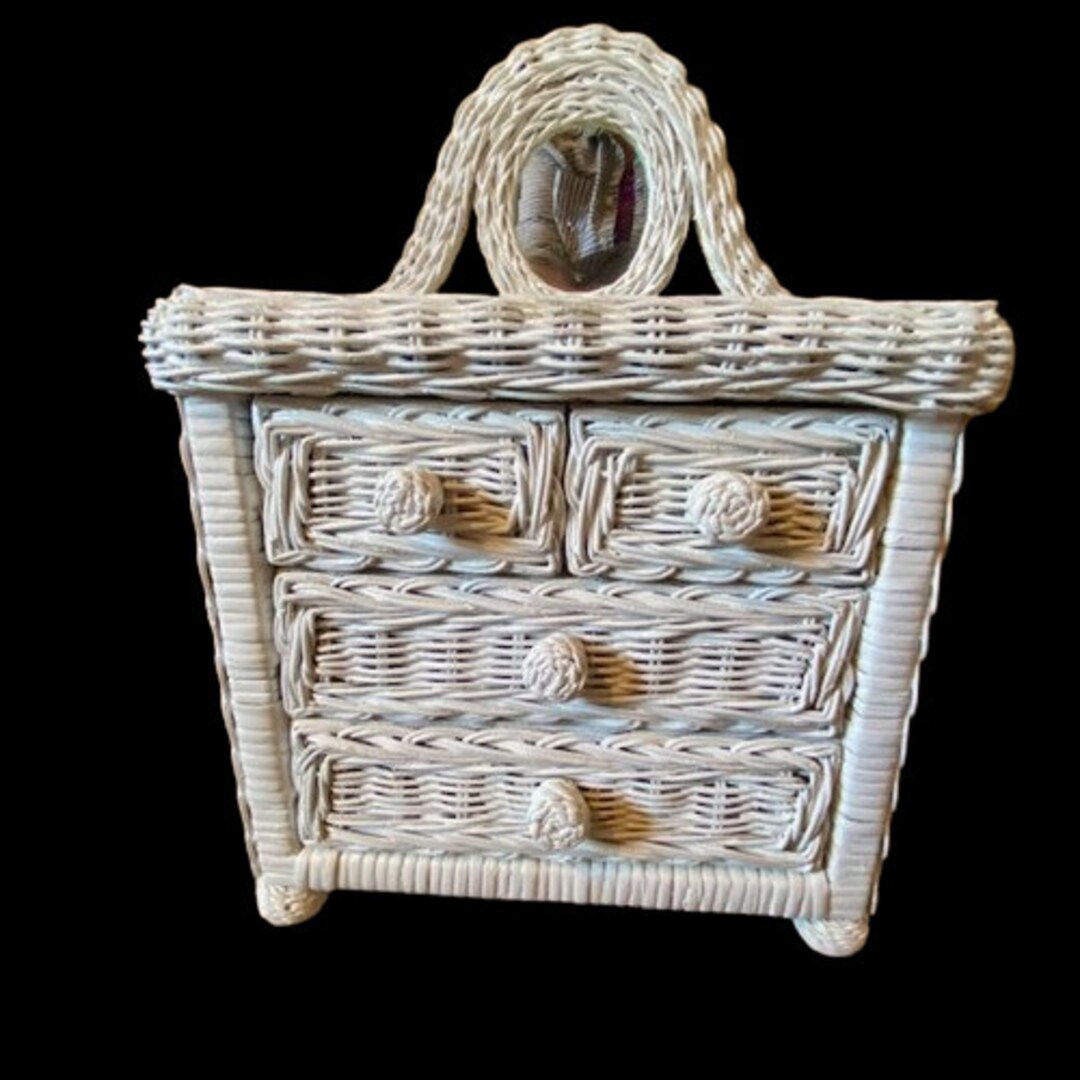 Wicker Chest With Four Drawers Vintage Mini Dresser Jewelry Box Vanity ...