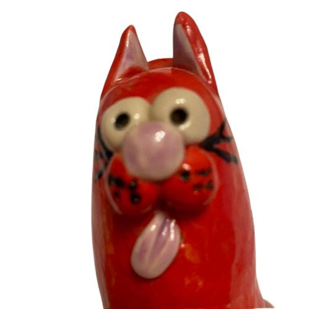 Art Pottery Cat Figurine Red Kitty Cat Signed Whimsical - Etsy