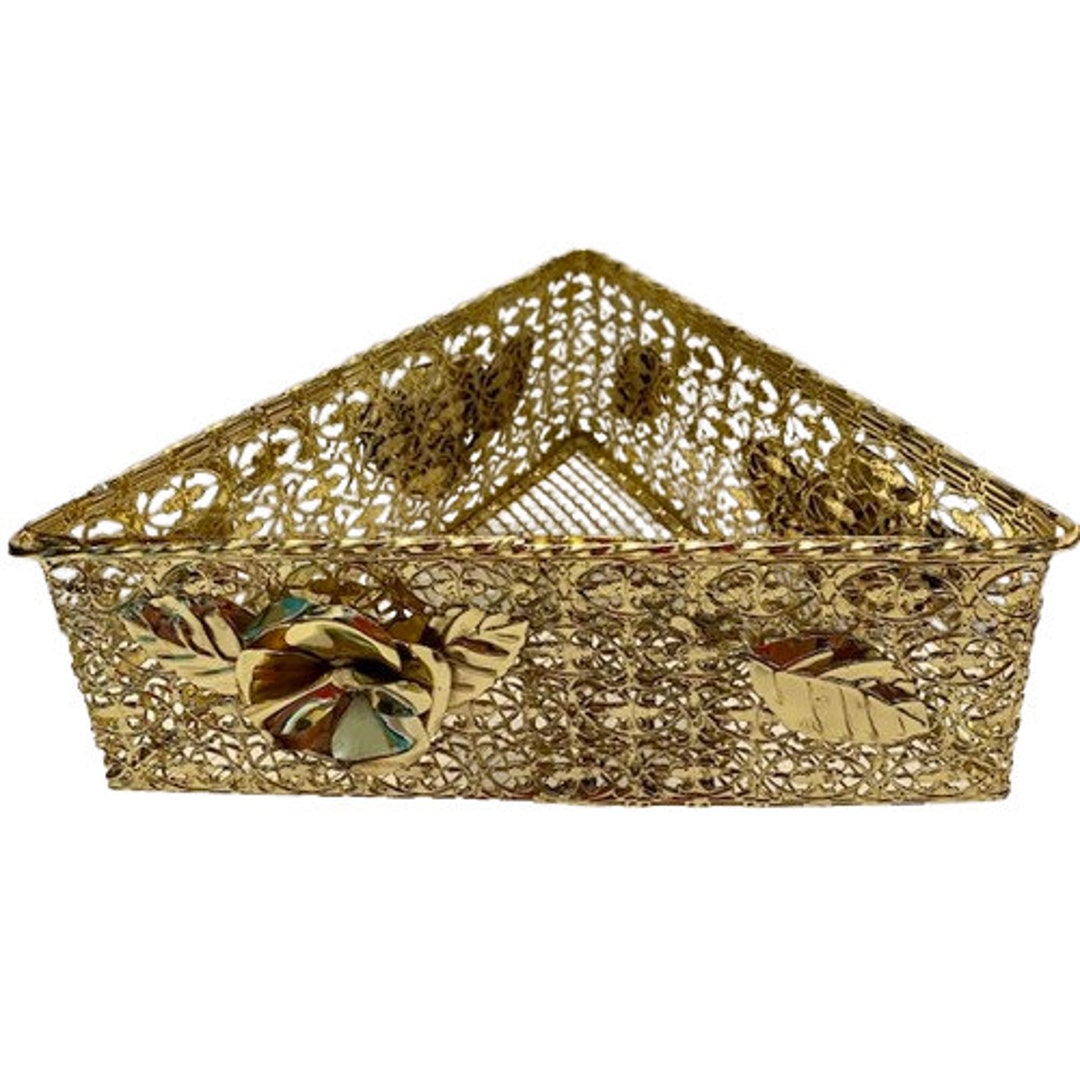 Vanity Tray Glam Gold Mesh and Floral Metal Corner Triangular Vintage ...