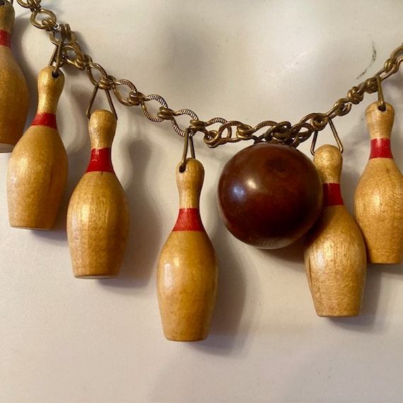 Bowling Pins and Ball Necklace Novelty Dangle Chain L… - Gem