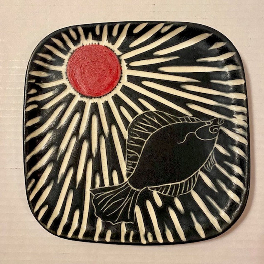 Sandra Kvalheim Art Pottery Plate Fish Sun Studio Handmade Hand Carved ...