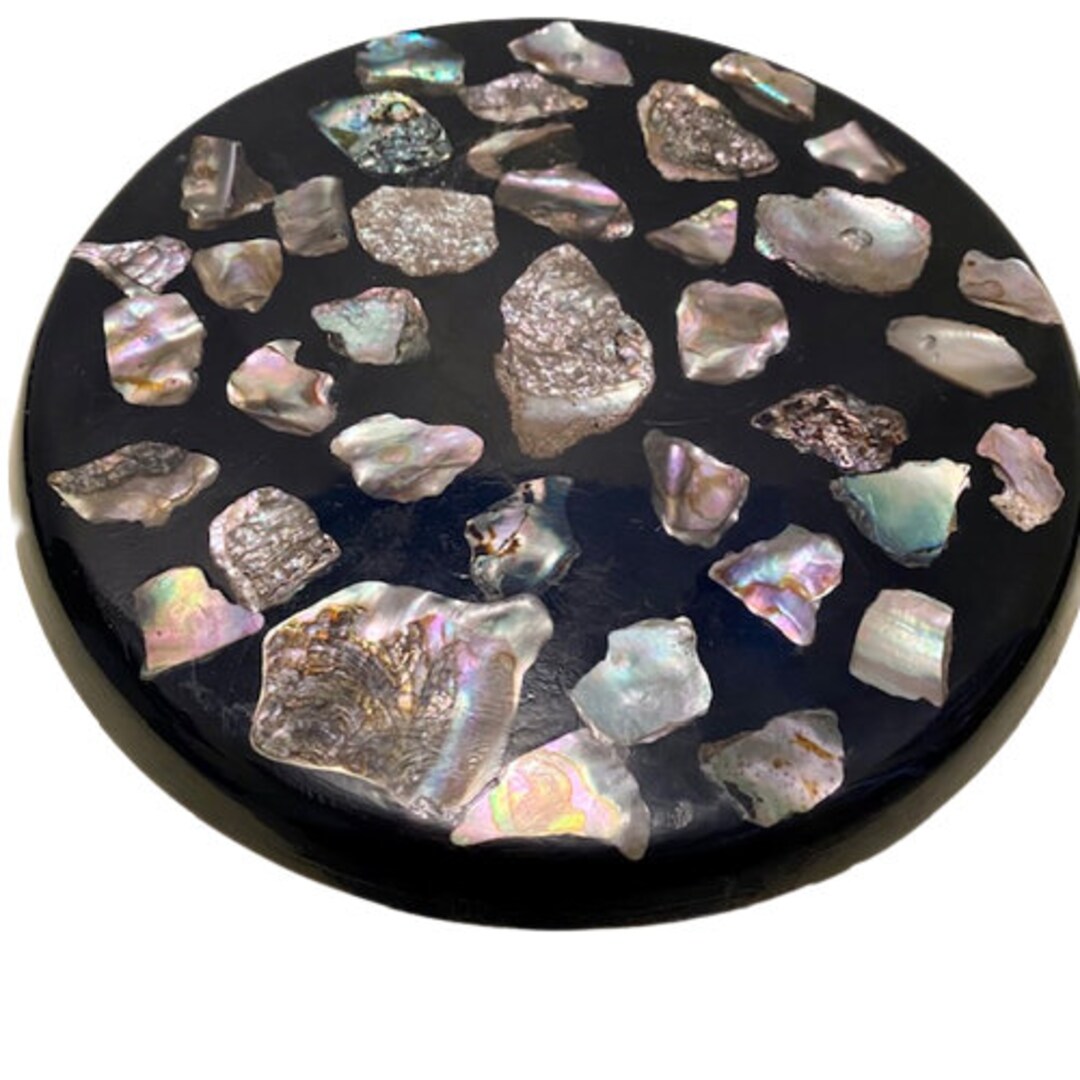 Abalone Resin Trivet Black Vintage 1970s Round Shells Hot Plate Acrylic ...