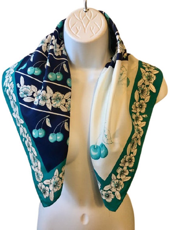 Scarf Mid Mod Vintage Navy Turquoise White Floral Che… - Gem