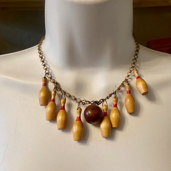 Bowling Pins and Ball Necklace Novelty Dangle Chain L… - Gem