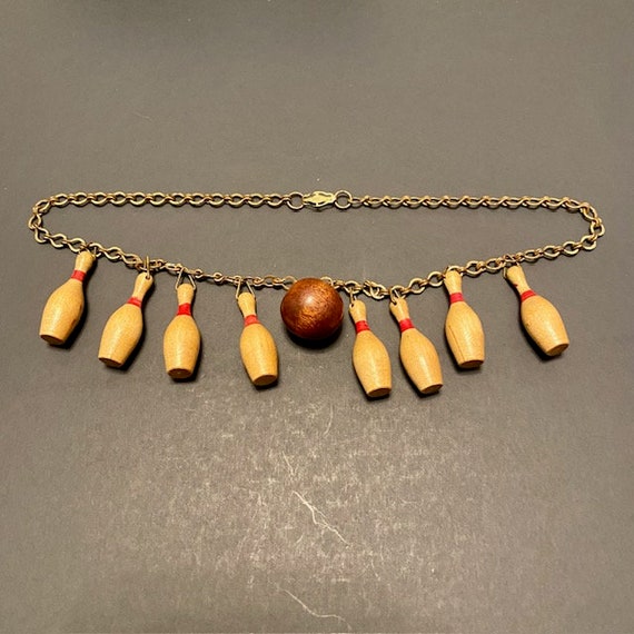 Bowling Pins and Ball Necklace Novelty Dangle Chain L… - Gem