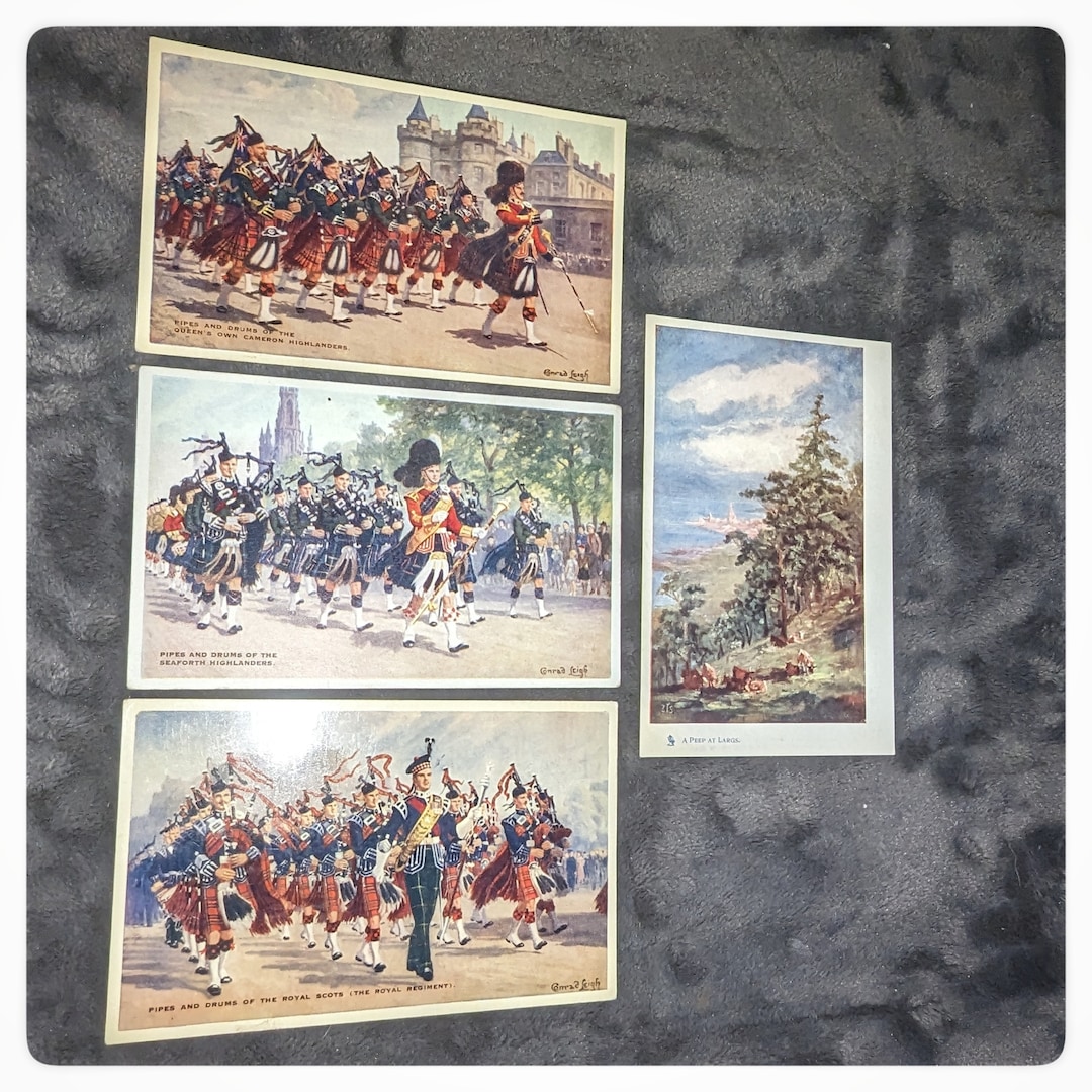 4 Antique Scottish Conrad Leigh Pipe & Drum Postcards 3 Valentines and ...