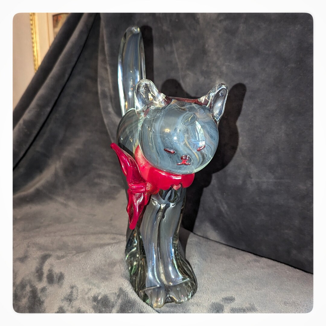 Rare Large Vintage Gray and Yellow Murano Cat Figurine With Red Bow - Etsy