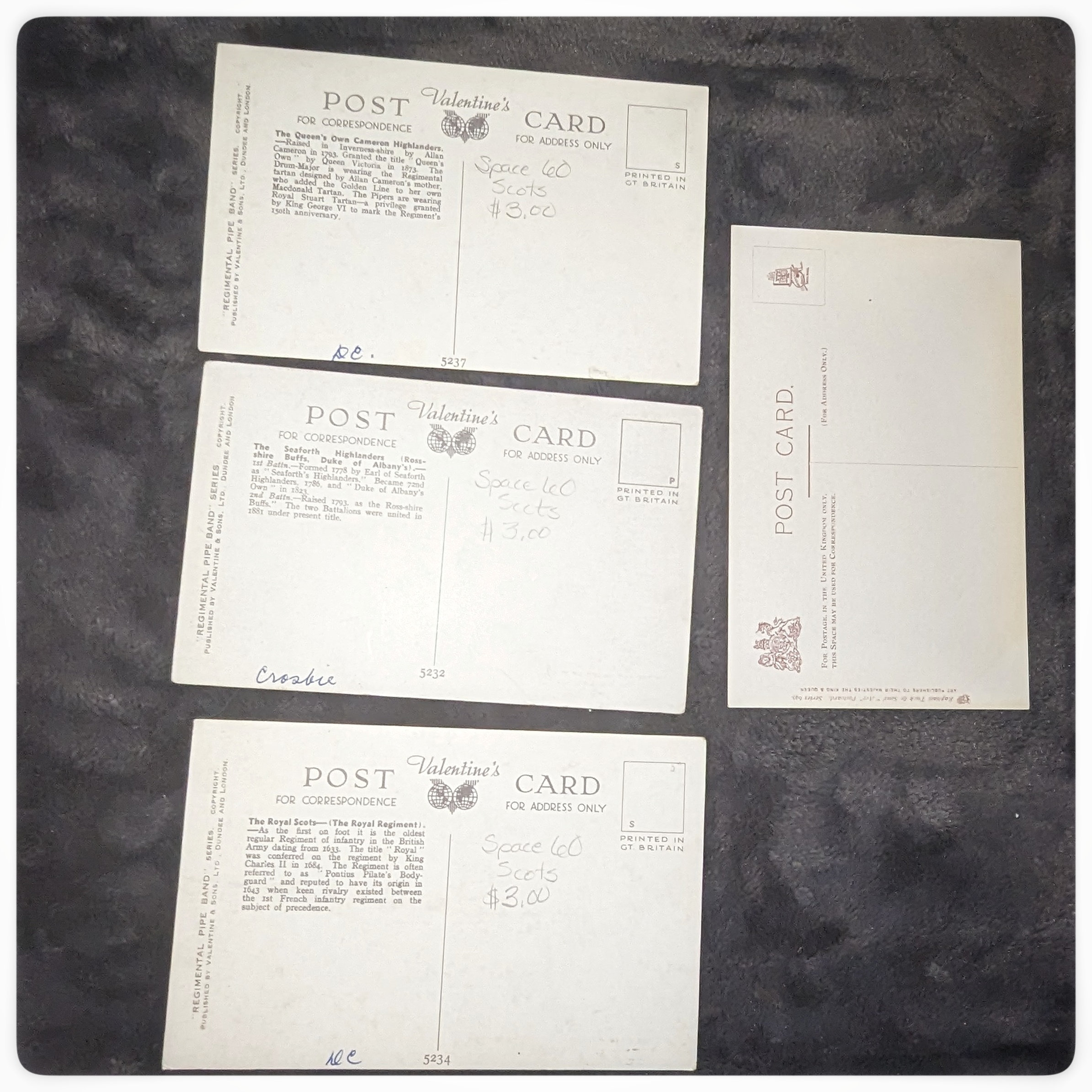 4 Antique Scottish Conrad Leigh Pipe & Drum Postcards 3 Valentines and ...