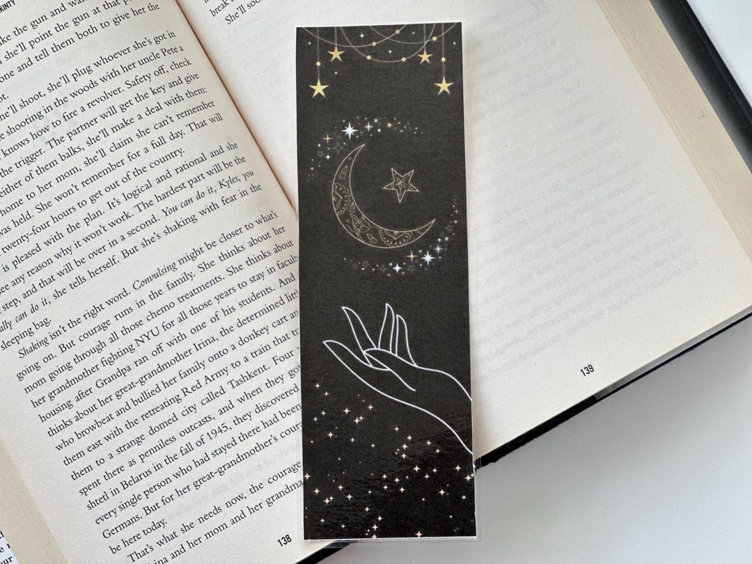 Celestial Bookmark: Black Background With Gold & White Stars, Crescent ...