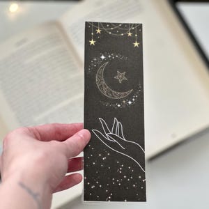 Celestial Bookmark: Black Background With Gold & White Stars, Crescent ...