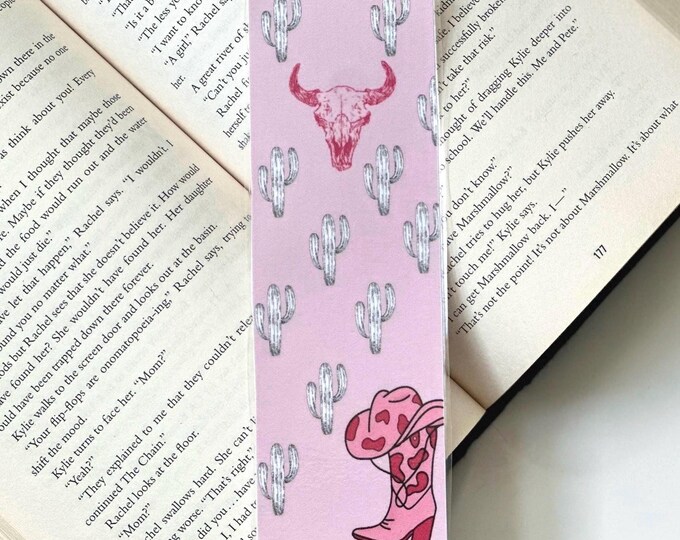 Pink Western Bookmark - Cacti Design With Bull & Cowboy Boot - Perfect ...