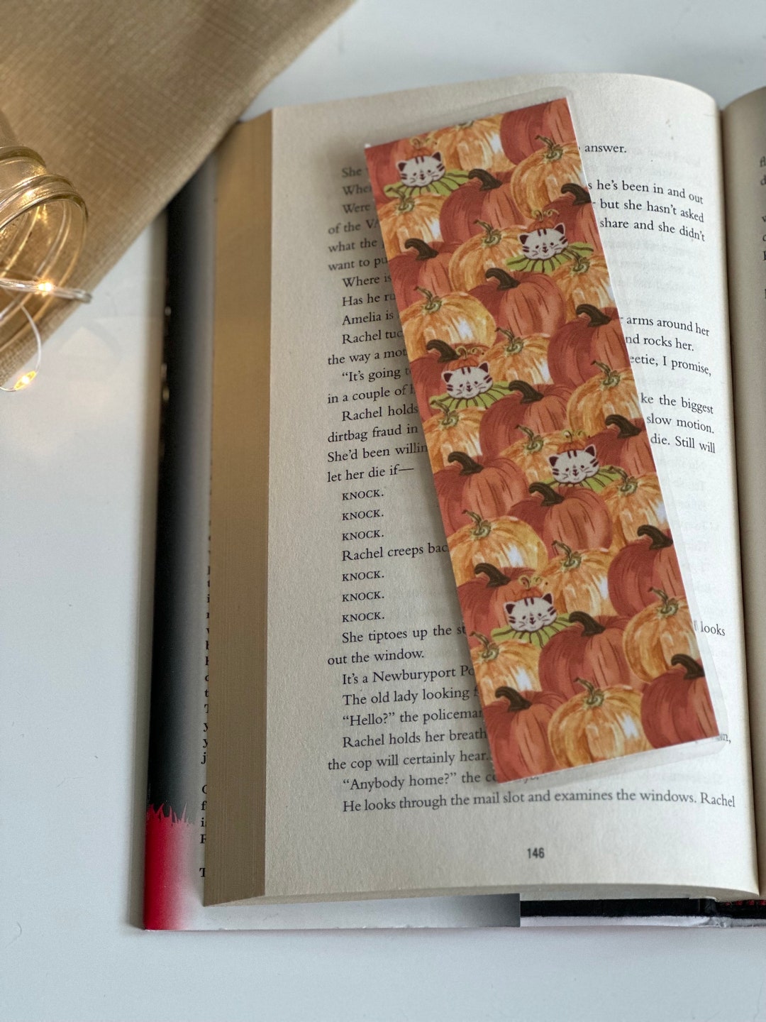 Cozy Fall Pumpkin Bookmark Laminated Autumn Cat Page Saver, Book Club ...