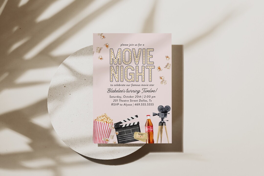 Movie Night Birthday Party, Cinema Movie Birthday, Popcorn Invitation ...