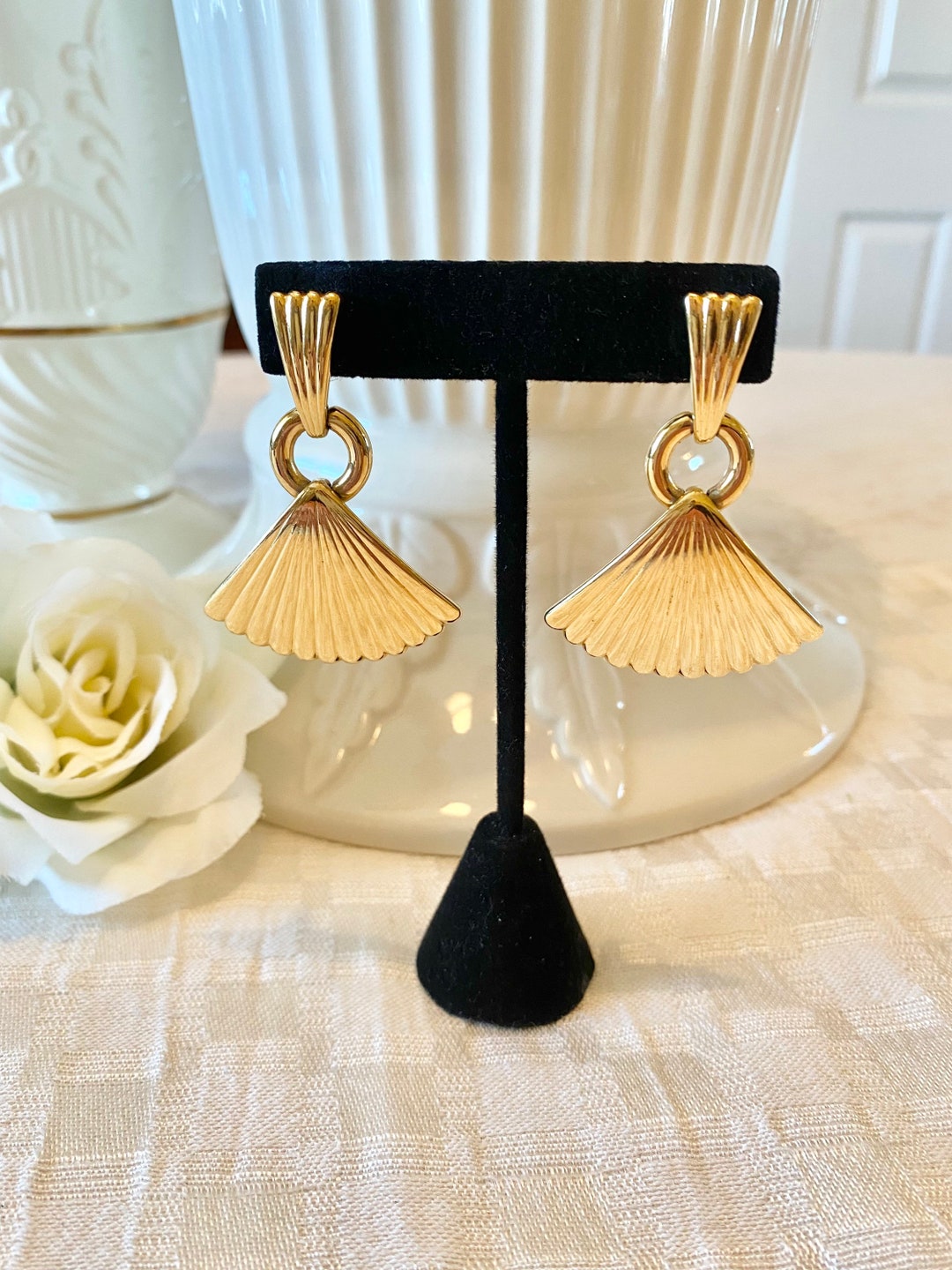 Vintage Monet Pierced Earrings, Shell Design, Gold Plated Statement ...