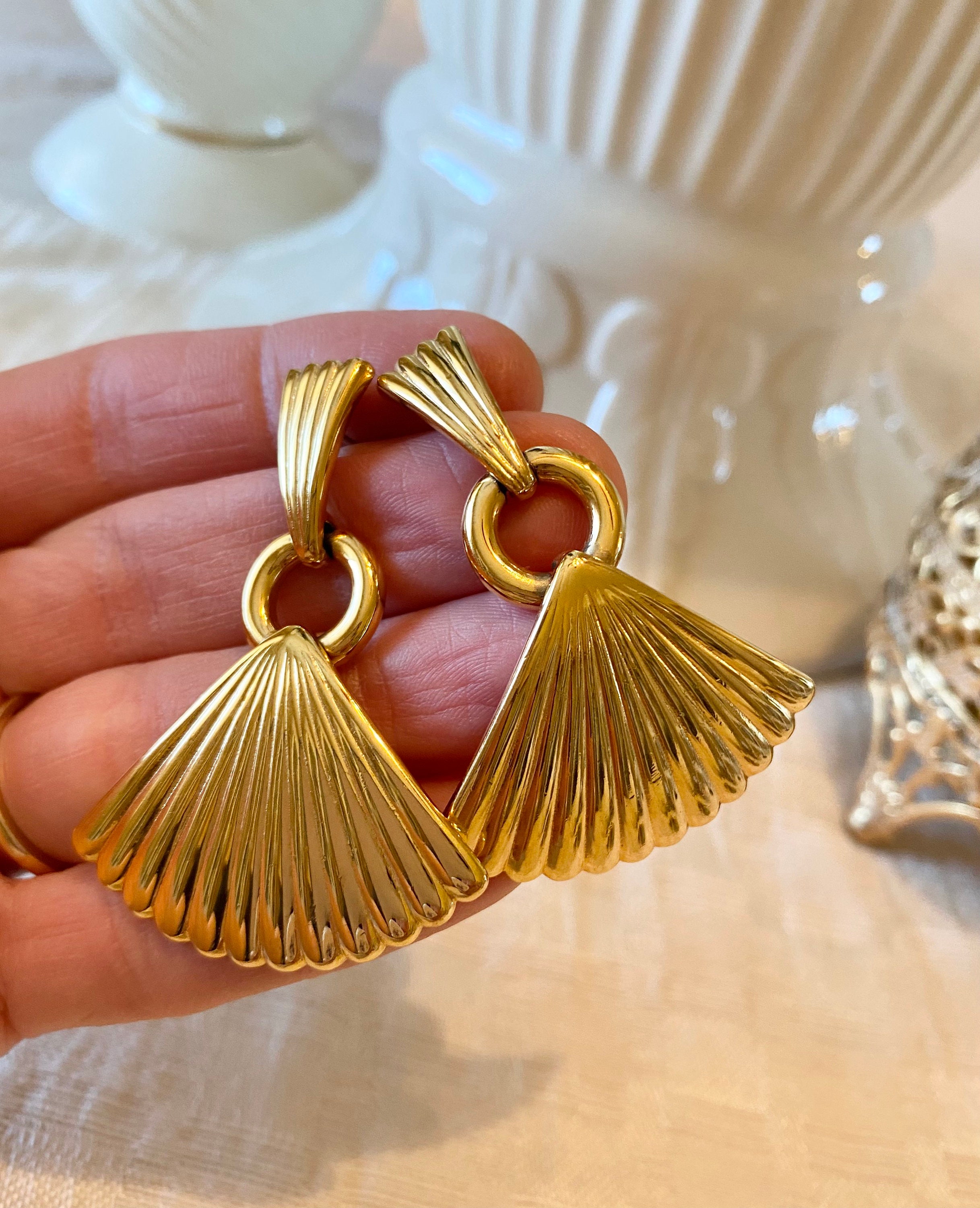 Vintage Monet Pierced Earrings, Shell Design, Gold Plated Statement ...