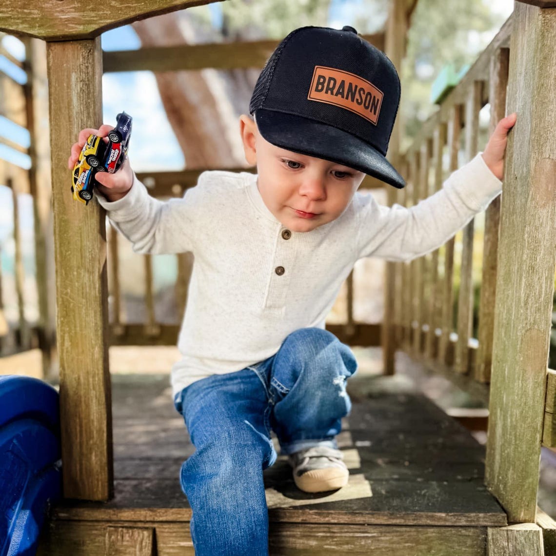 Leather Patch Hat, Personalized, Flat Bill, Custom Infant Toddler Kids ...