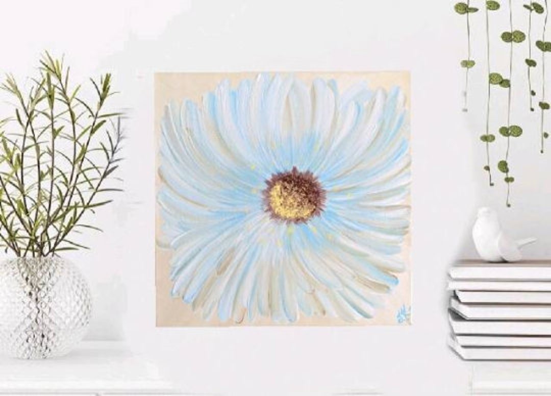Daisy Painting on Canvas, Blue Gray Wall Art, Original Art, Daisy Wall ...