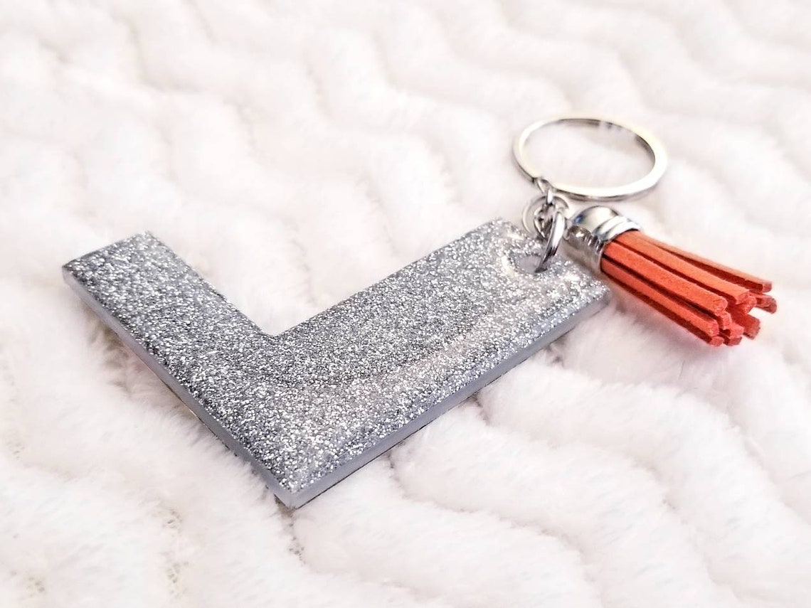 Initial Keychain Glitter Letter L Bagtag Cactus and Silver - Etsy
