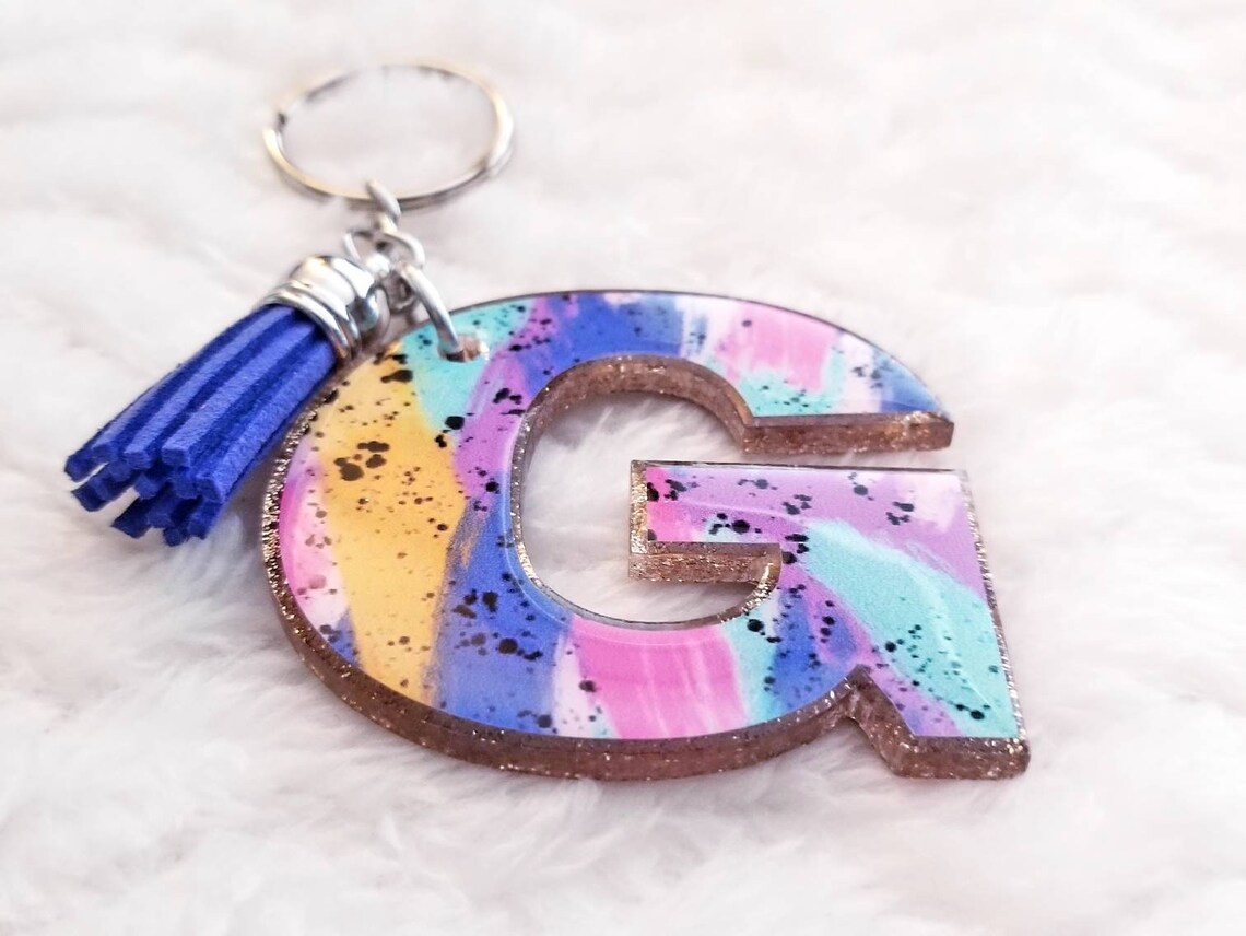 Glitter Initial Keychain Letter G Bagtag Colorful Paint - Etsy